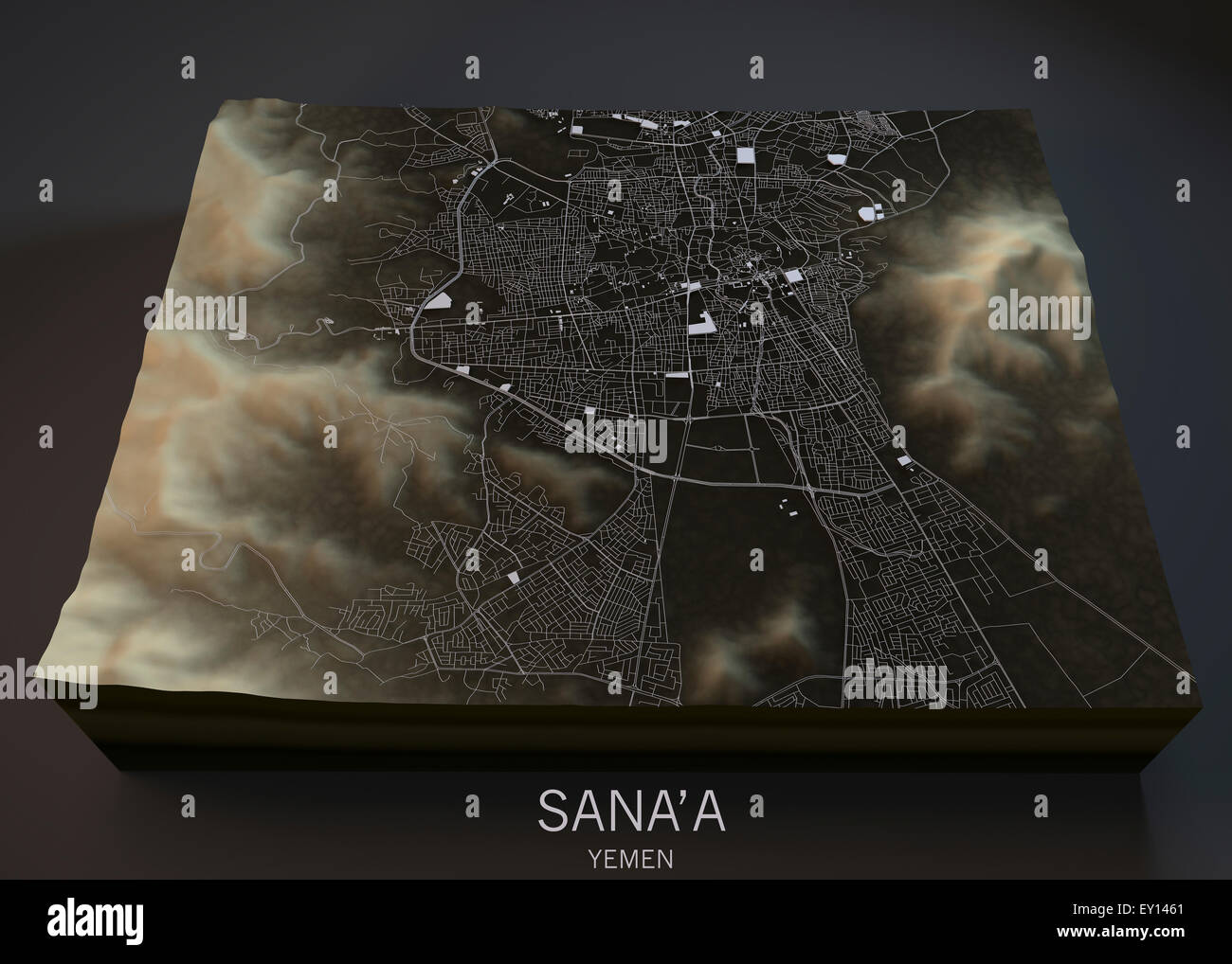 Sana'a streets and buildings map satellite view on black, Yemen Stock ...