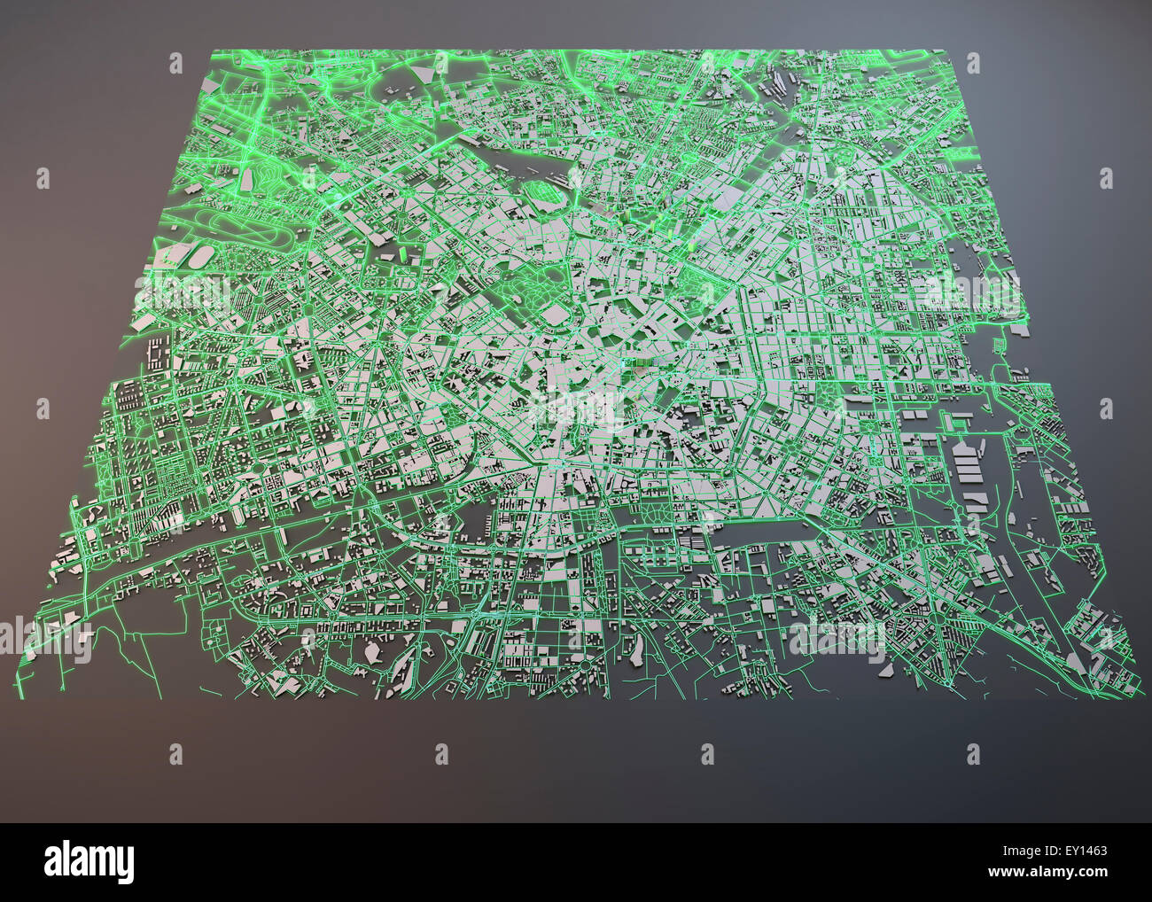 Green Milan streets and buildings map satellite view on black, Italy ...