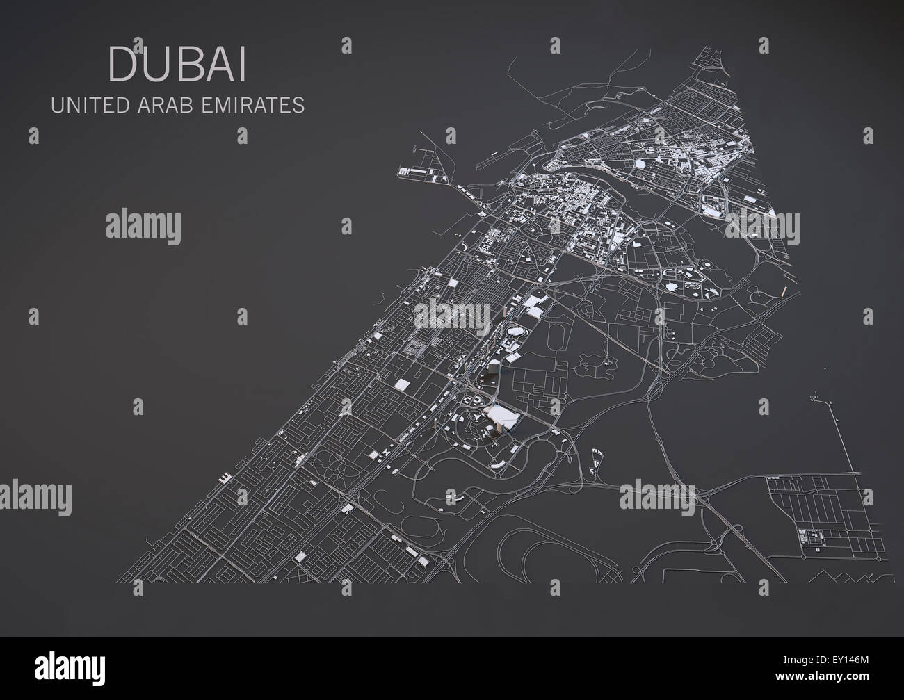 Dubai streets and buildings map on black, United Arab Emirates Stock ...