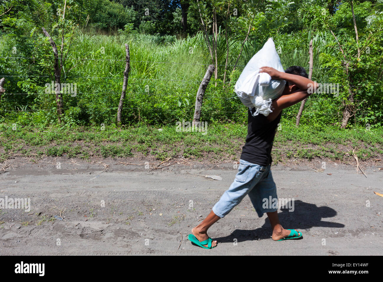 Farmer boy carrying a bag on his shoulders in Ometepe Island, Nicaragua ...