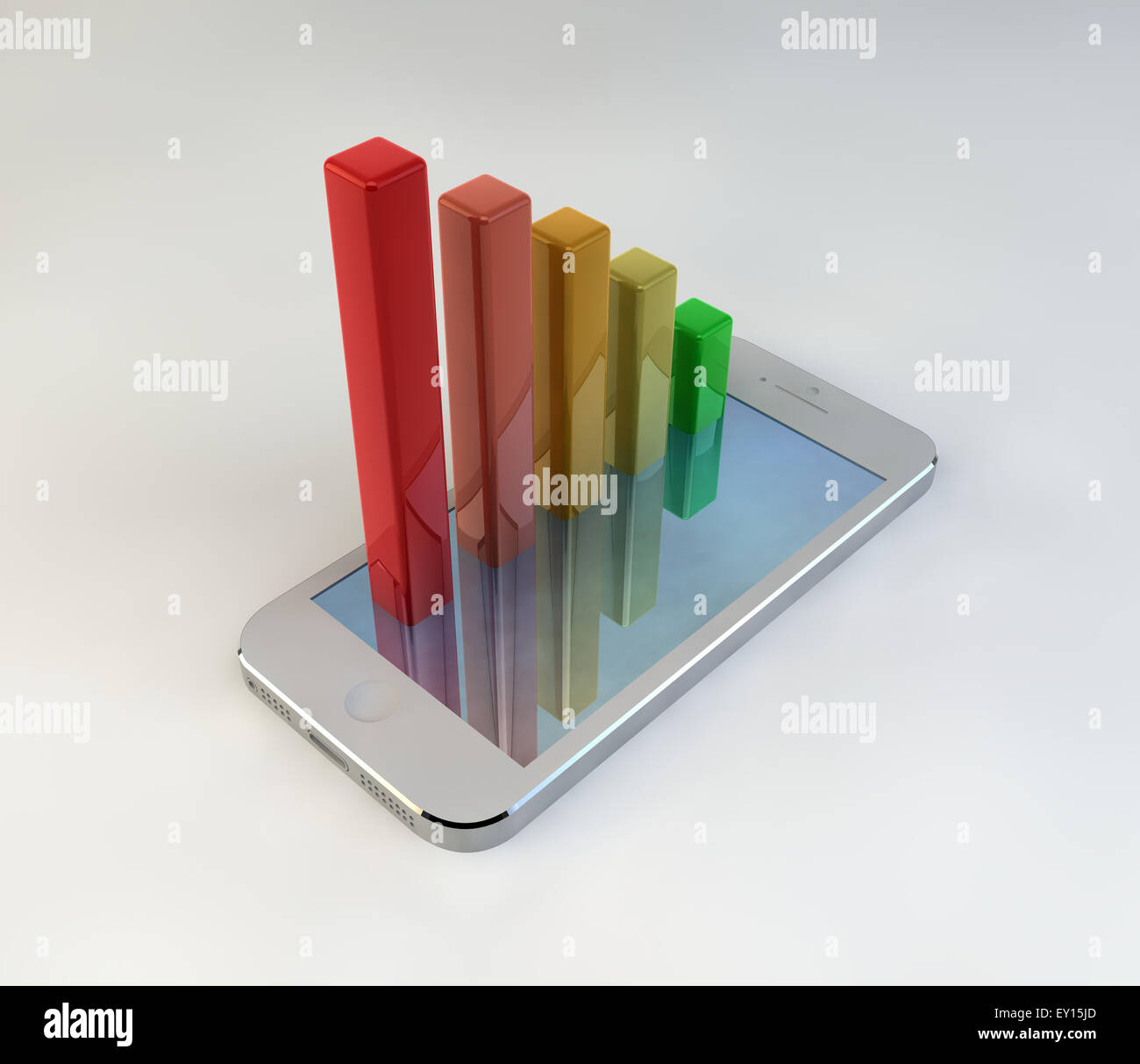 Mobile phone resting on a white background with bar graphs above Stock ...