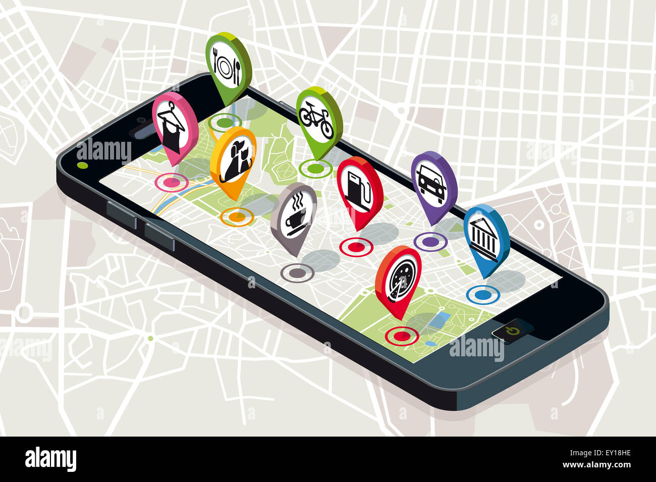 On it screen of a smart phone, a vector map of the city, where appear ...