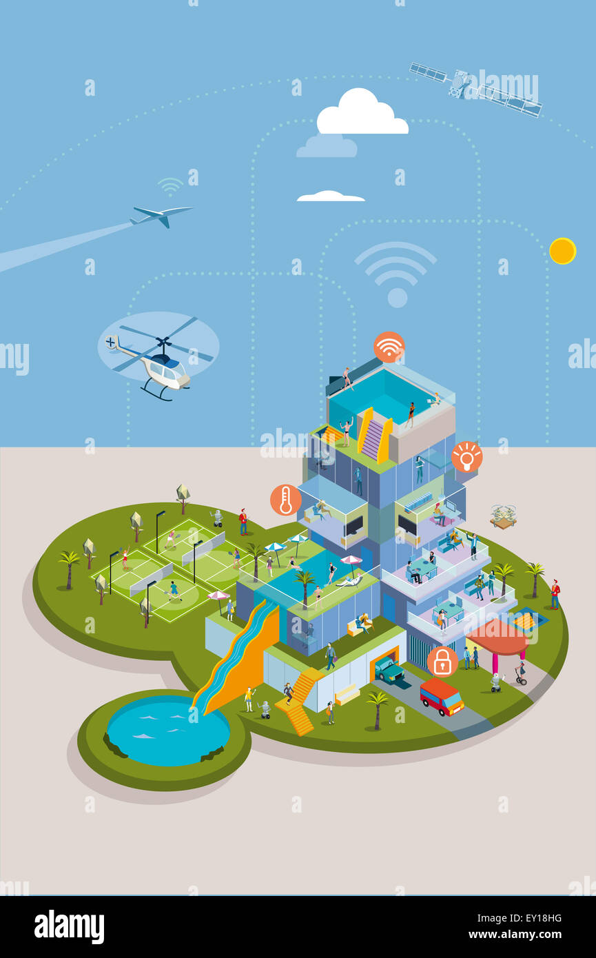 Intelligent House. People Living in a Smart residential building. They ...