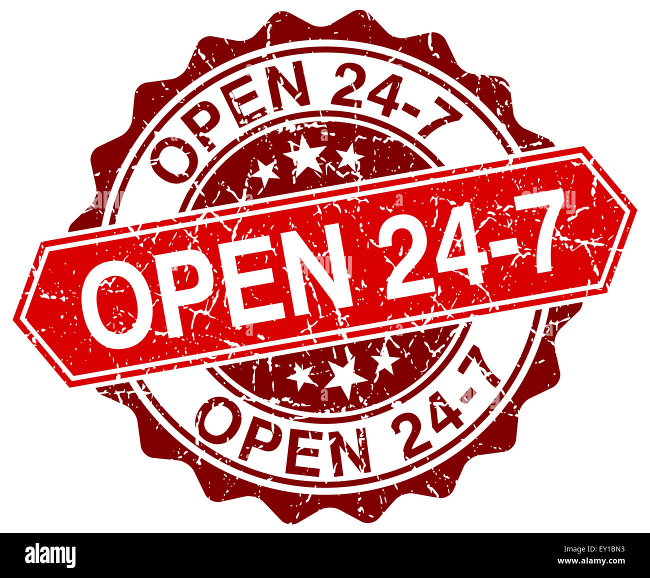 open 24 7 red round grunge stamp on white Stock Photo - Alamy