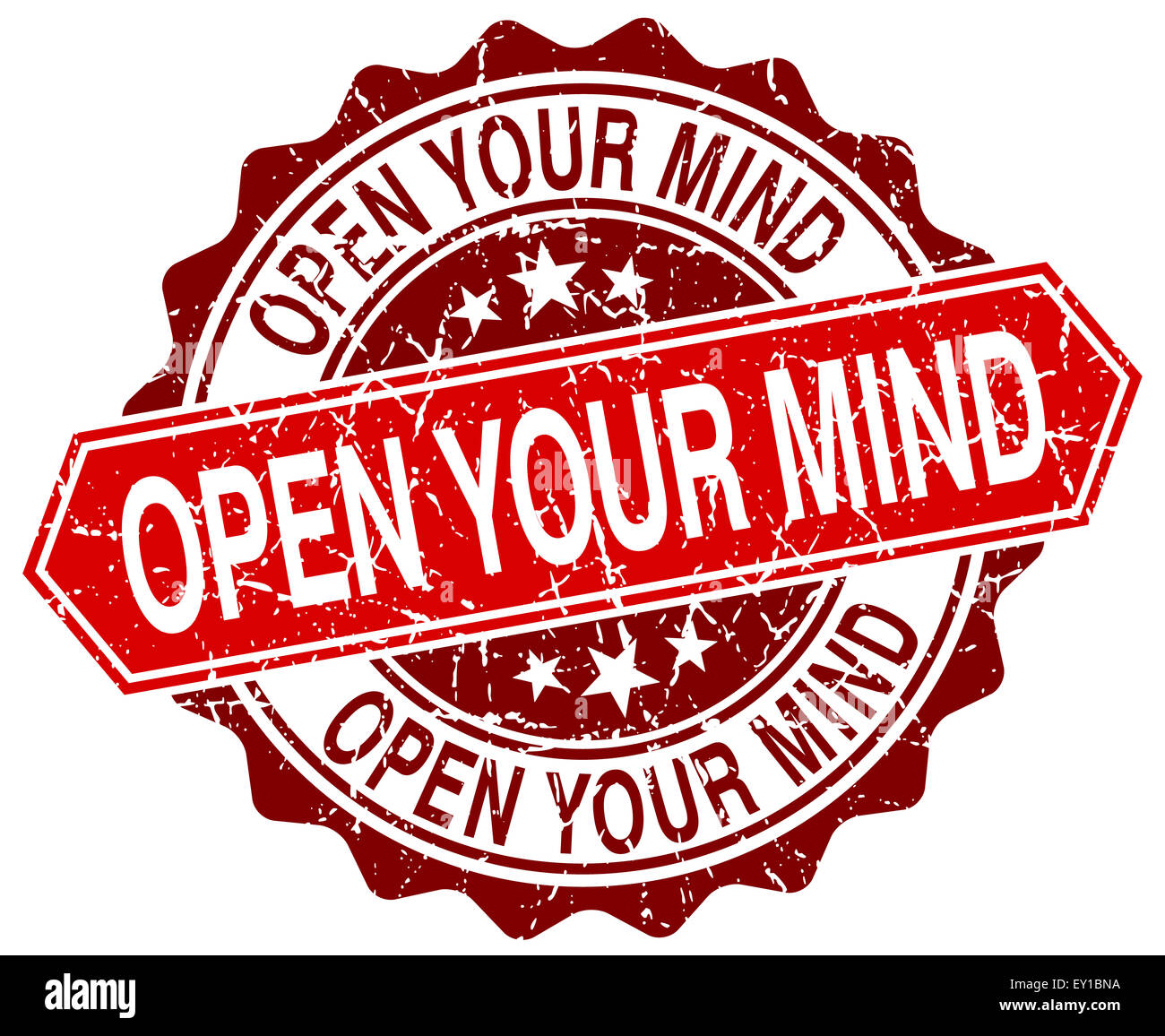 open your mind red round grunge stamp on white Stock Photo - Alamy