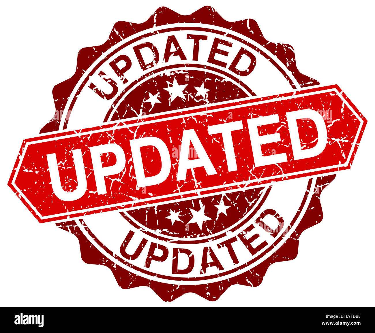 updated red round grunge stamp on white Stock Photo - Alamy