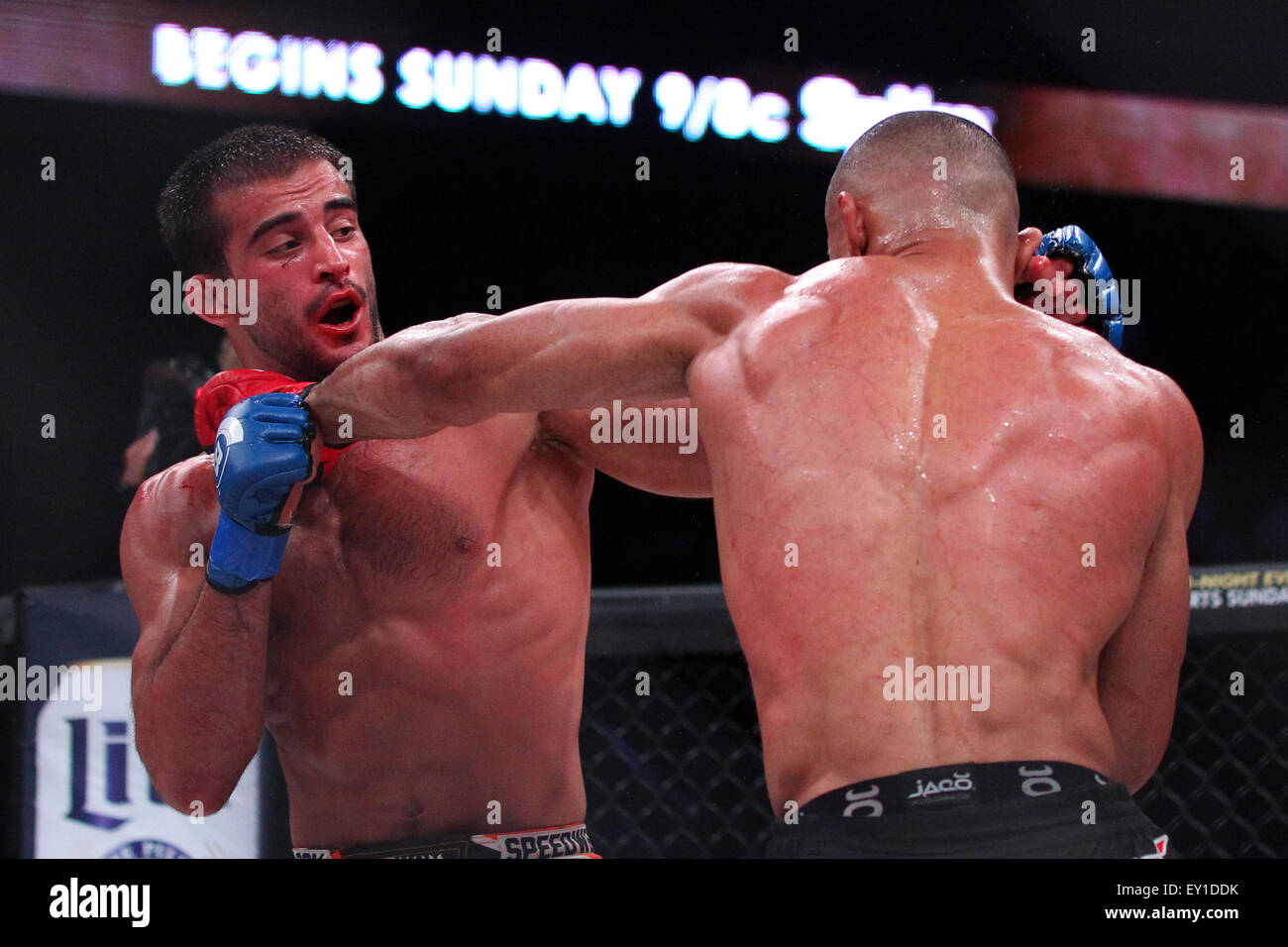 July 17, 2015; Uncasville, CT, USA; Douglas Lima (red tape) and Andrey Koreshkov (blue tape) in ...