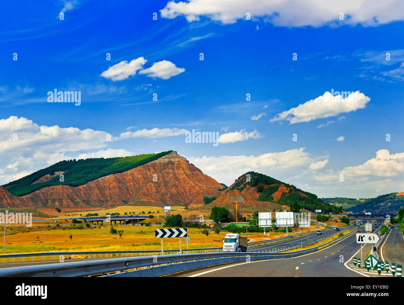 Summer landscape with highway between hills in central Spain Stock ...