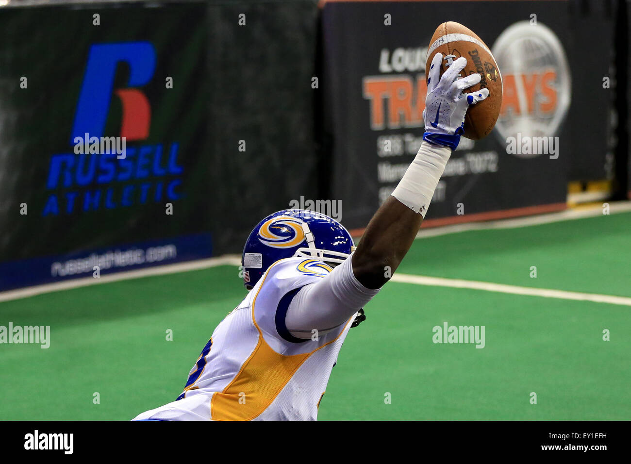 New Orleans, LA, USA. 18th July, 2015. Tampa Bay Storm Julius Gregory (2) recovers the kickoff ...