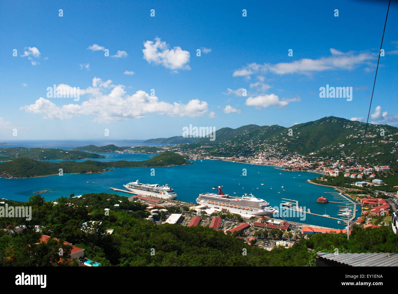 Overlooking the blue Caribbean harbor for Cruise ships and boats on the ...