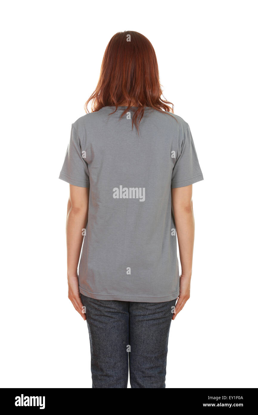 female with blank gray t-shirt (back side) isolated on white background ...