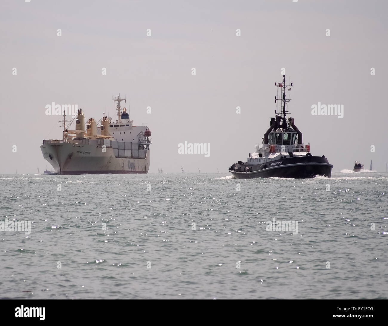 The tug SD bountiful sails out to meet MV Crown Sapphire in the Solent ...