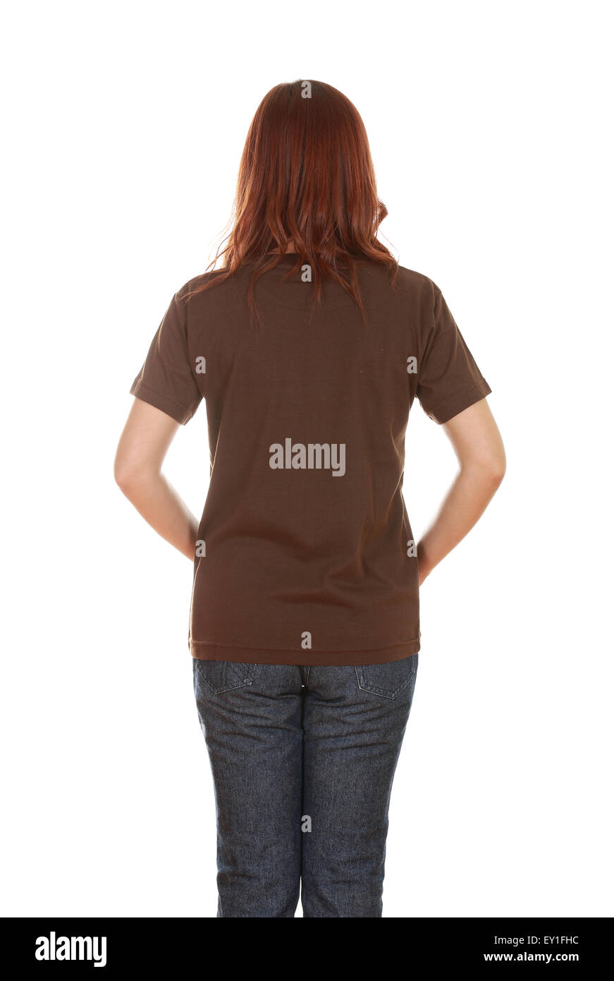 female with blank brown t-shirt (back side) isolated on white ...