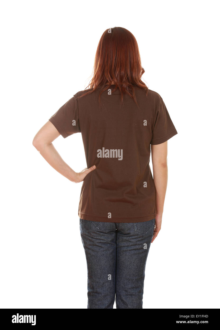 female with blank brown t-shirt (back side) isolated on white ...