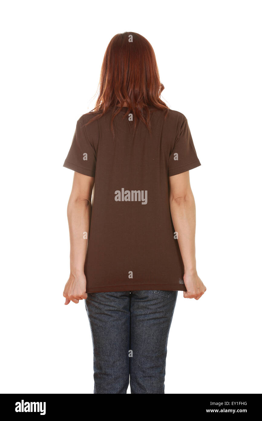 female with blank brown t-shirt (back side) isolated on white ...