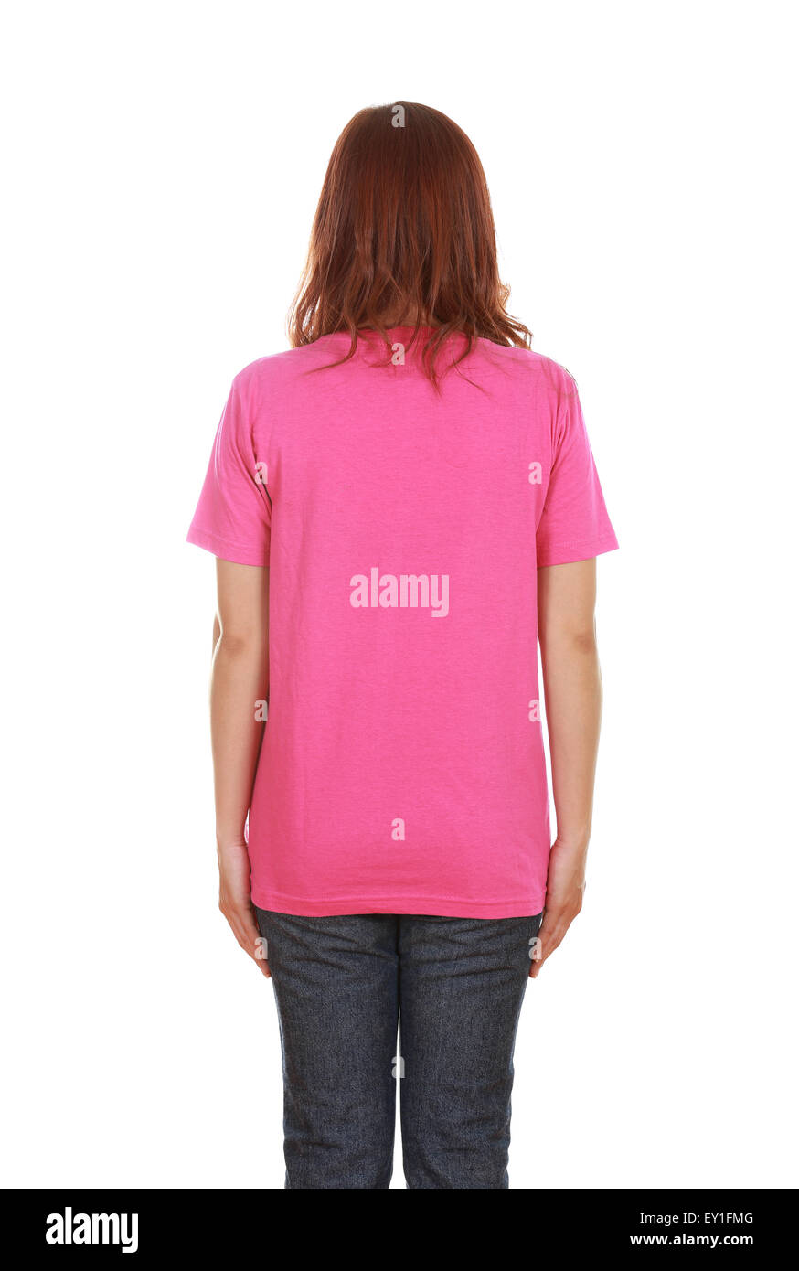 female with blank pink t-shirt (back side) isolated on white background ...