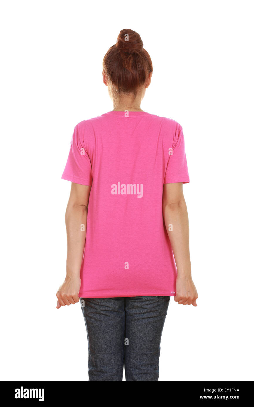 female with blank pink t-shirt (back side) isolated on white background ...