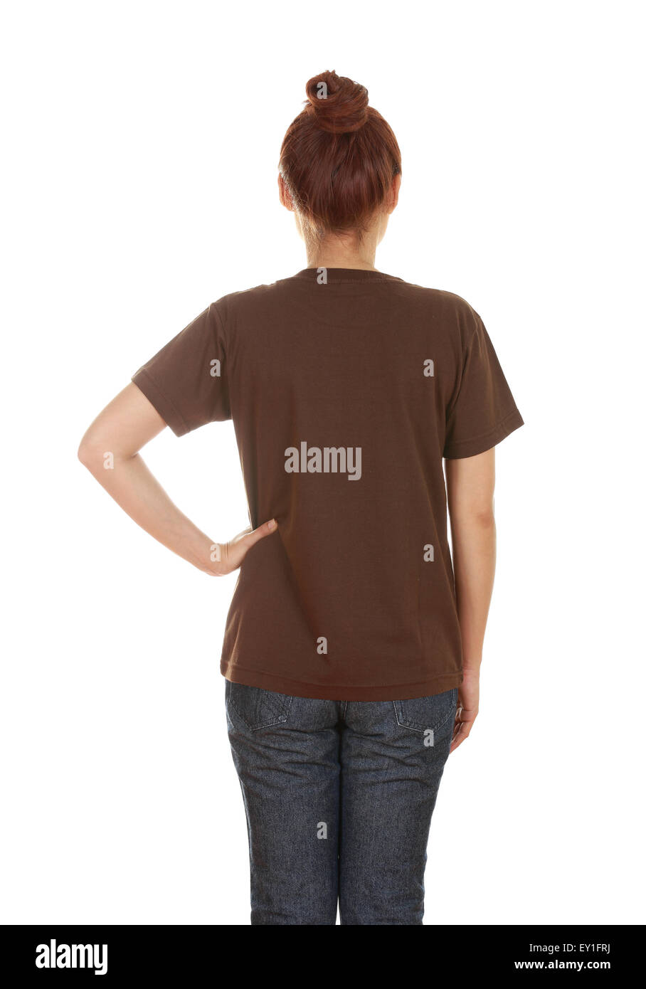 female with blank brown t-shirt (back side) isolated on white ...