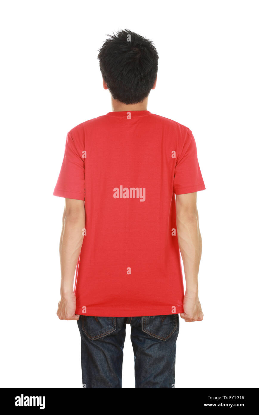 man with blank red t-shirt (back side) isolated on white background ...