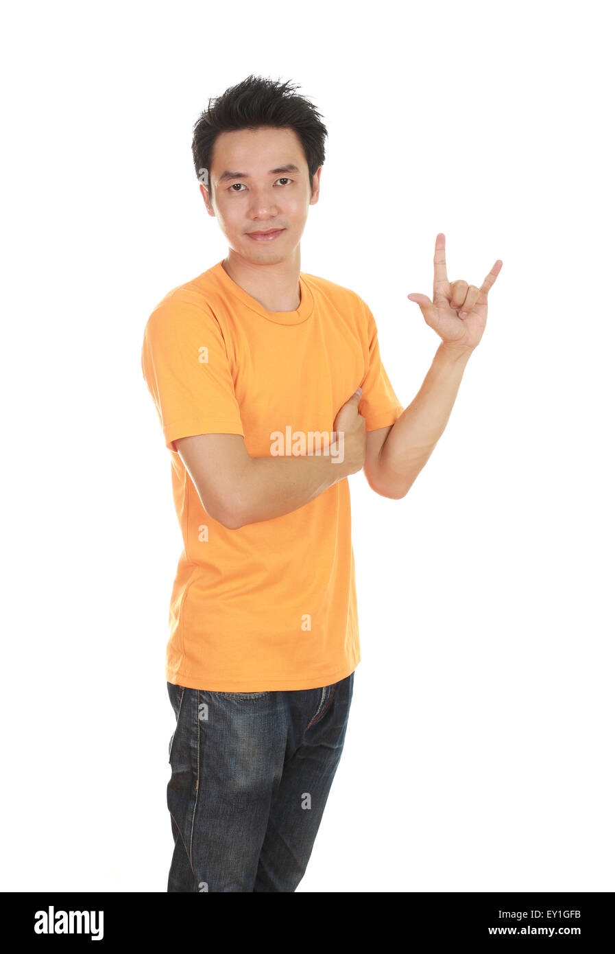 man in orange t-shirt with hand sign I love you isolated on white ...