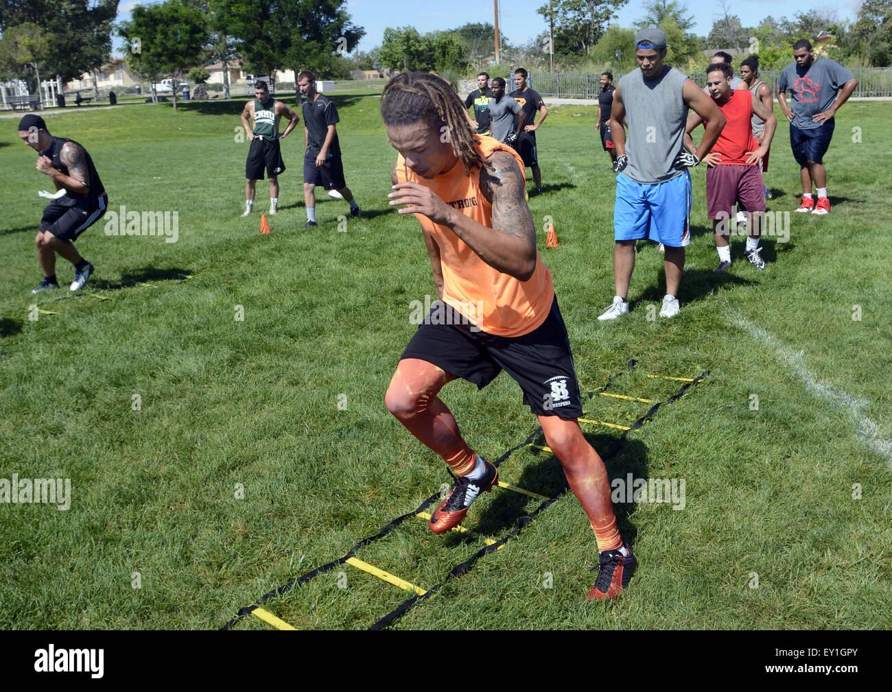 Usa. 19th July, 2015. SPORTS -- Darnel Diggs runs a ladder drill during ...
