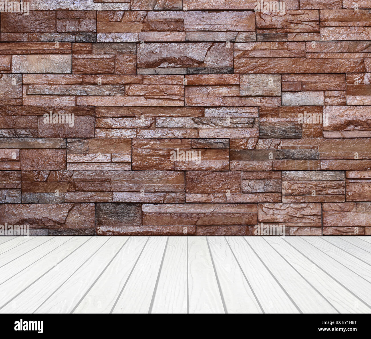 room interior with brick wall and white wood floor background Stock ...