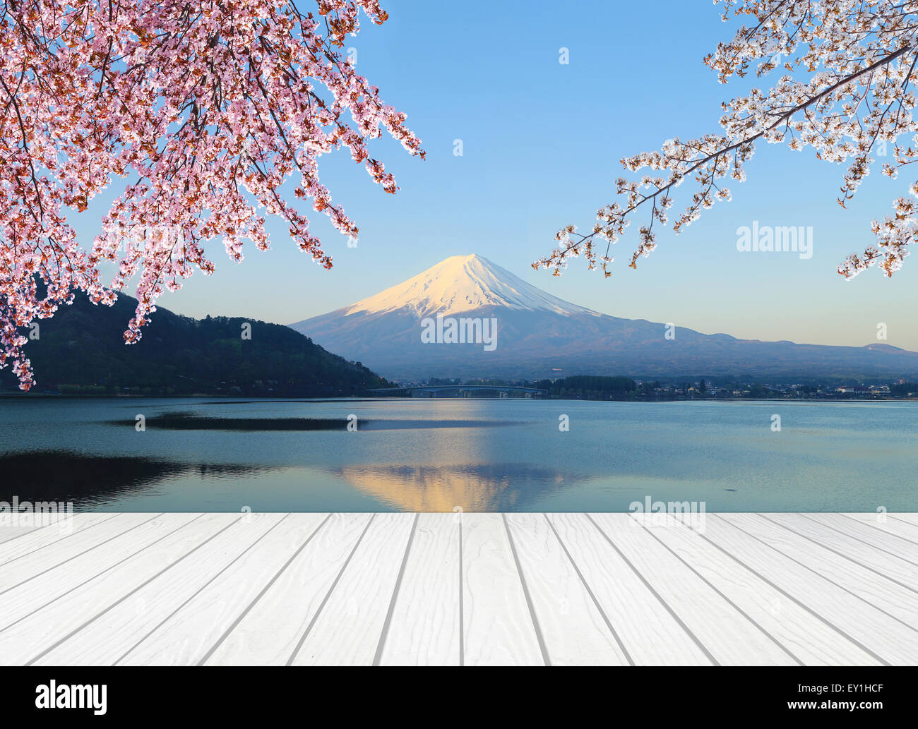 white wood terrace with Mt Fuji and Cherry Blossom Stock Photo - Alamy