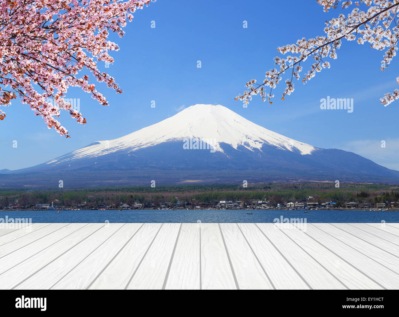 white wood terrace with Mt Fuji and Cherry Blossom Stock Photo - Alamy