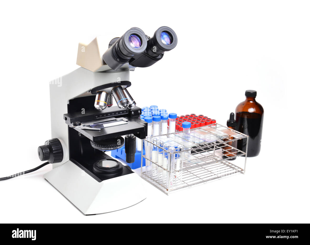 microscope with laboratory equipment on white background Stock Photo ...