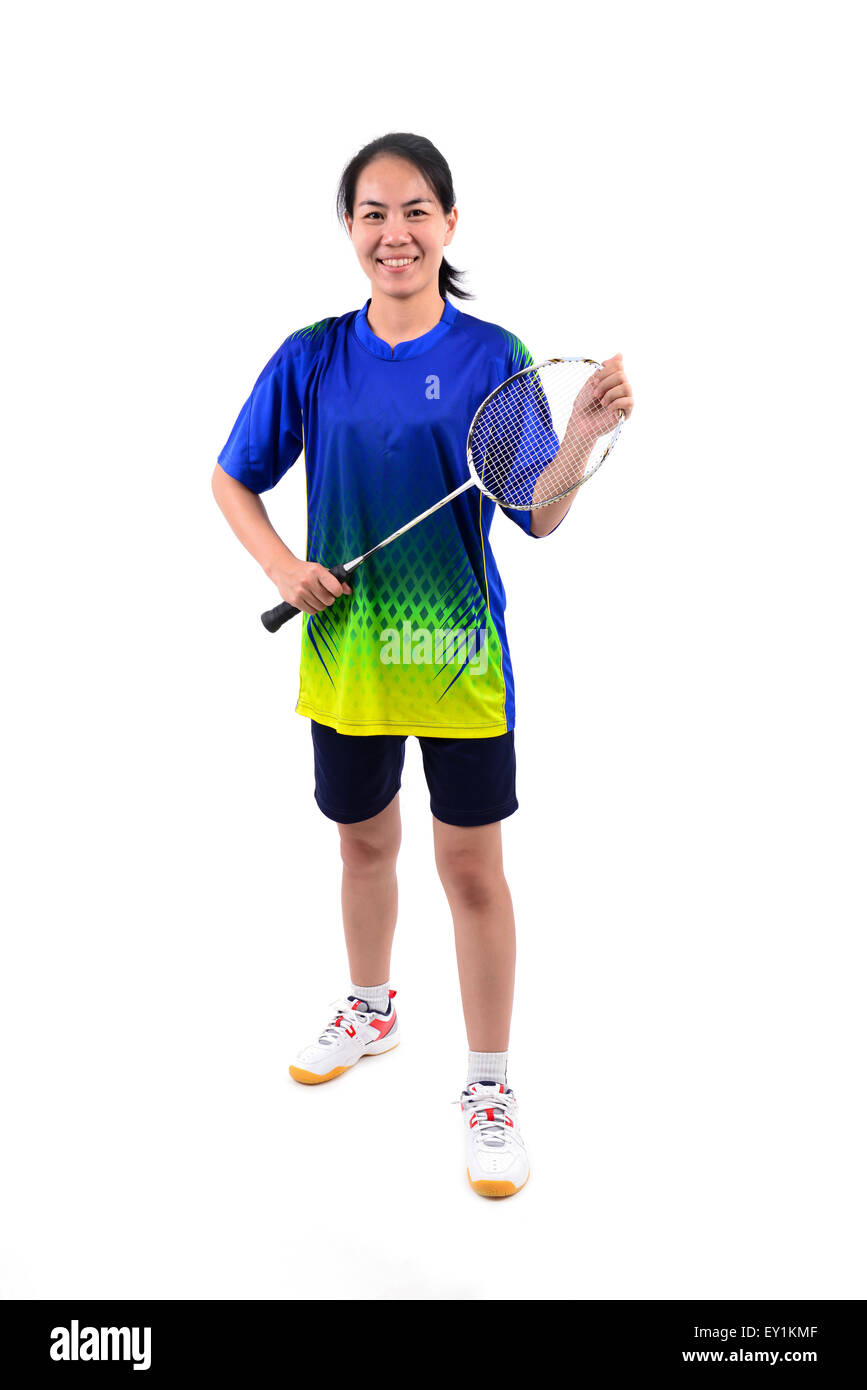 badminton player in action isolated on white background Stock Photo - Alamy