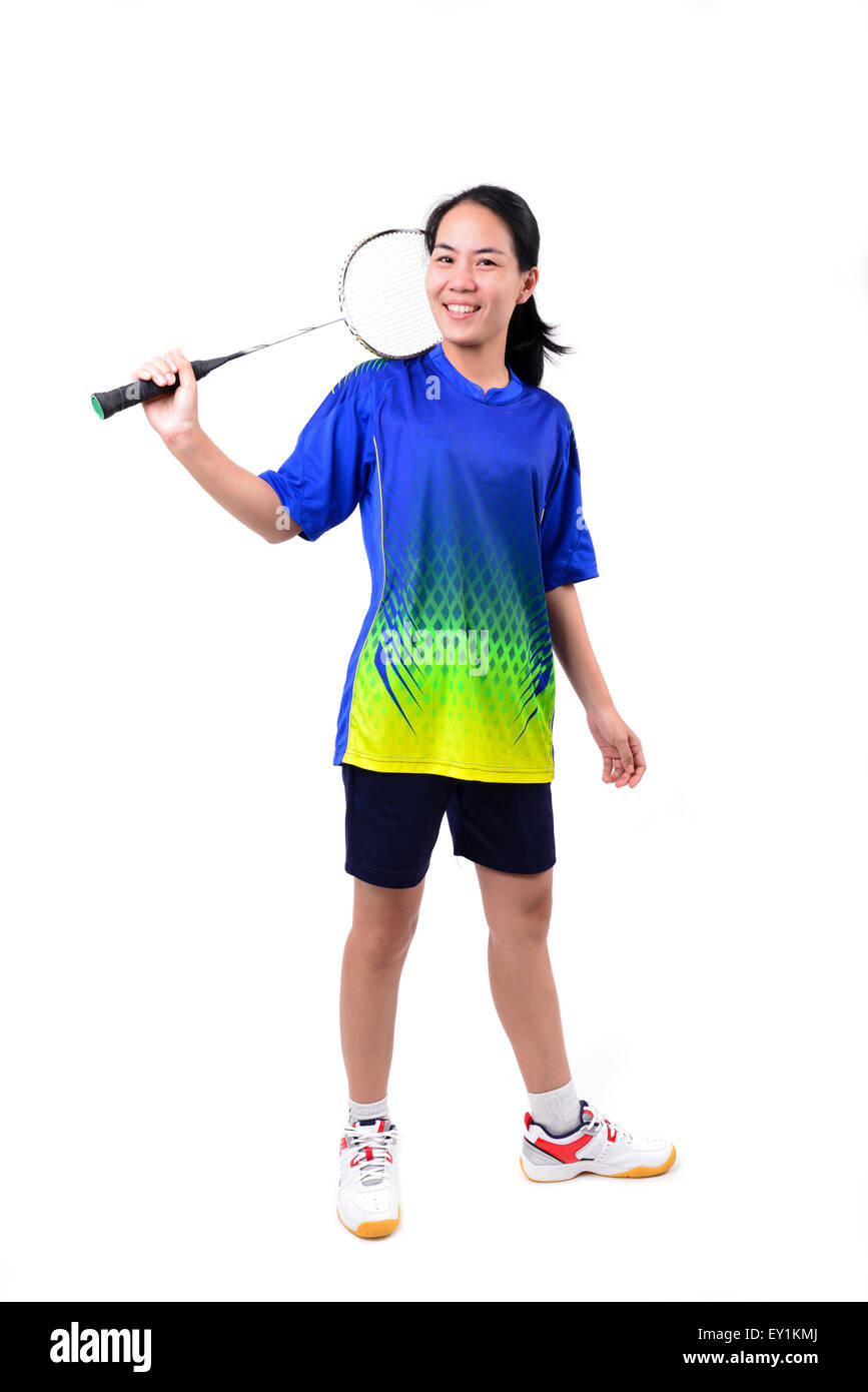 badminton player in action isolated on white background Stock Photo - Alamy