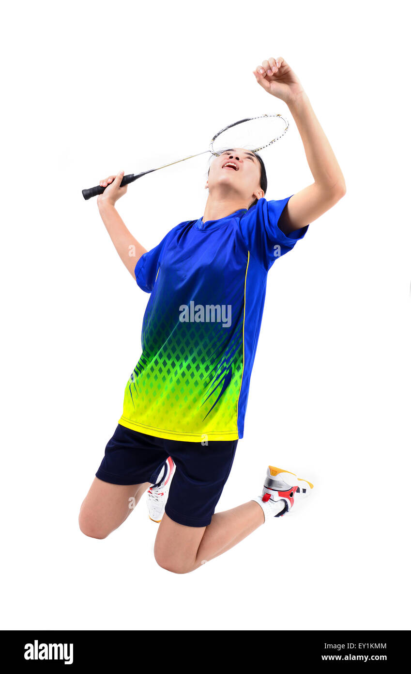 badminton player in action isolated on white background Stock Photo - Alamy