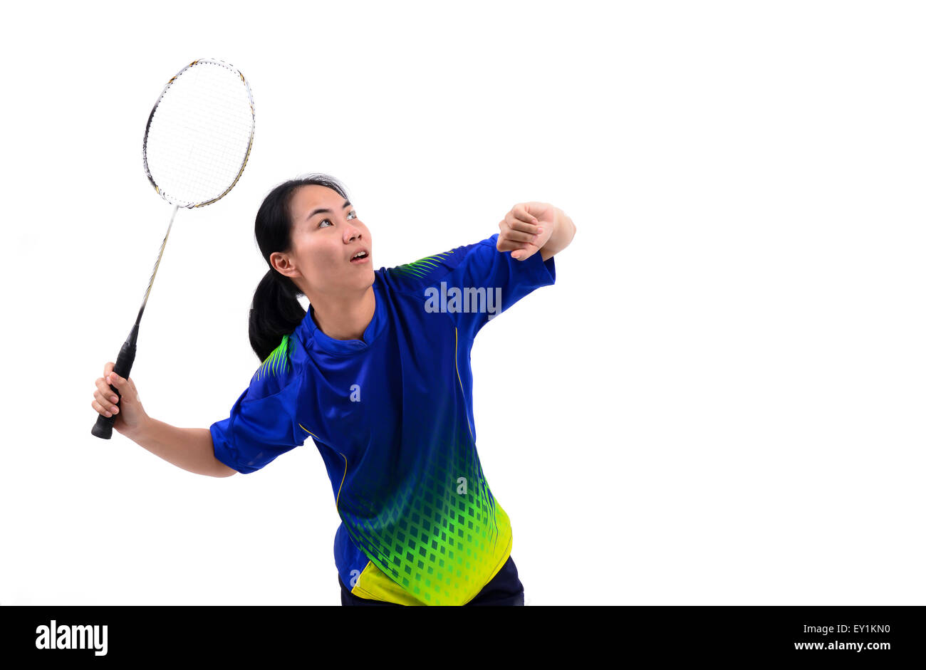 badminton player in action isolated on white background Stock Photo - Alamy