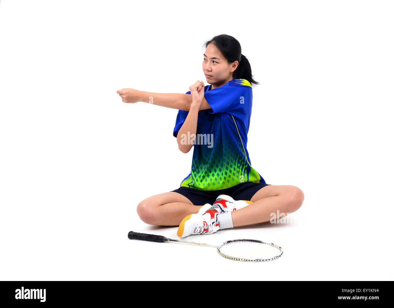 badminton player in action isolated on white background Stock Photo - Alamy
