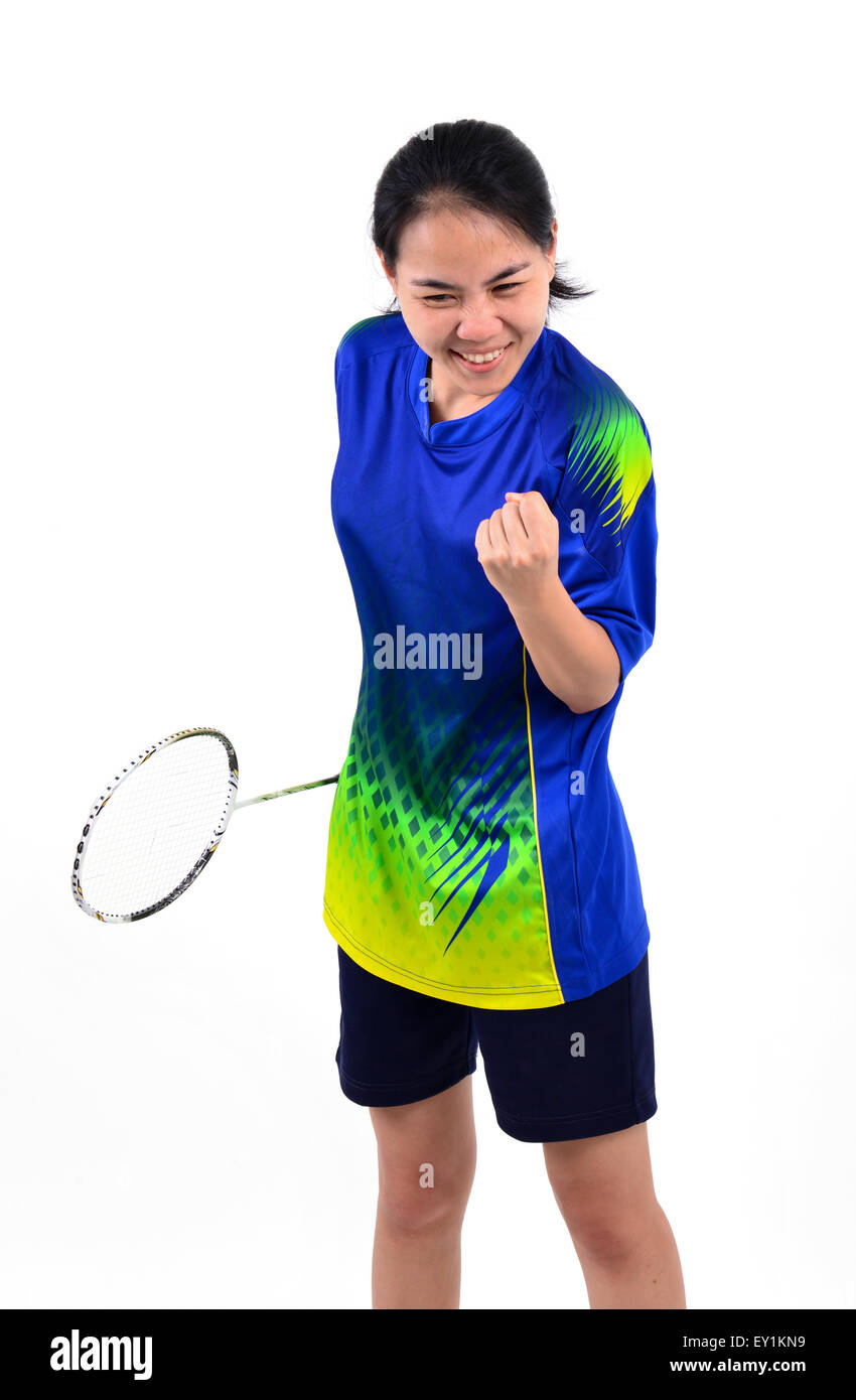 badminton player in action isolated on white background Stock Photo - Alamy