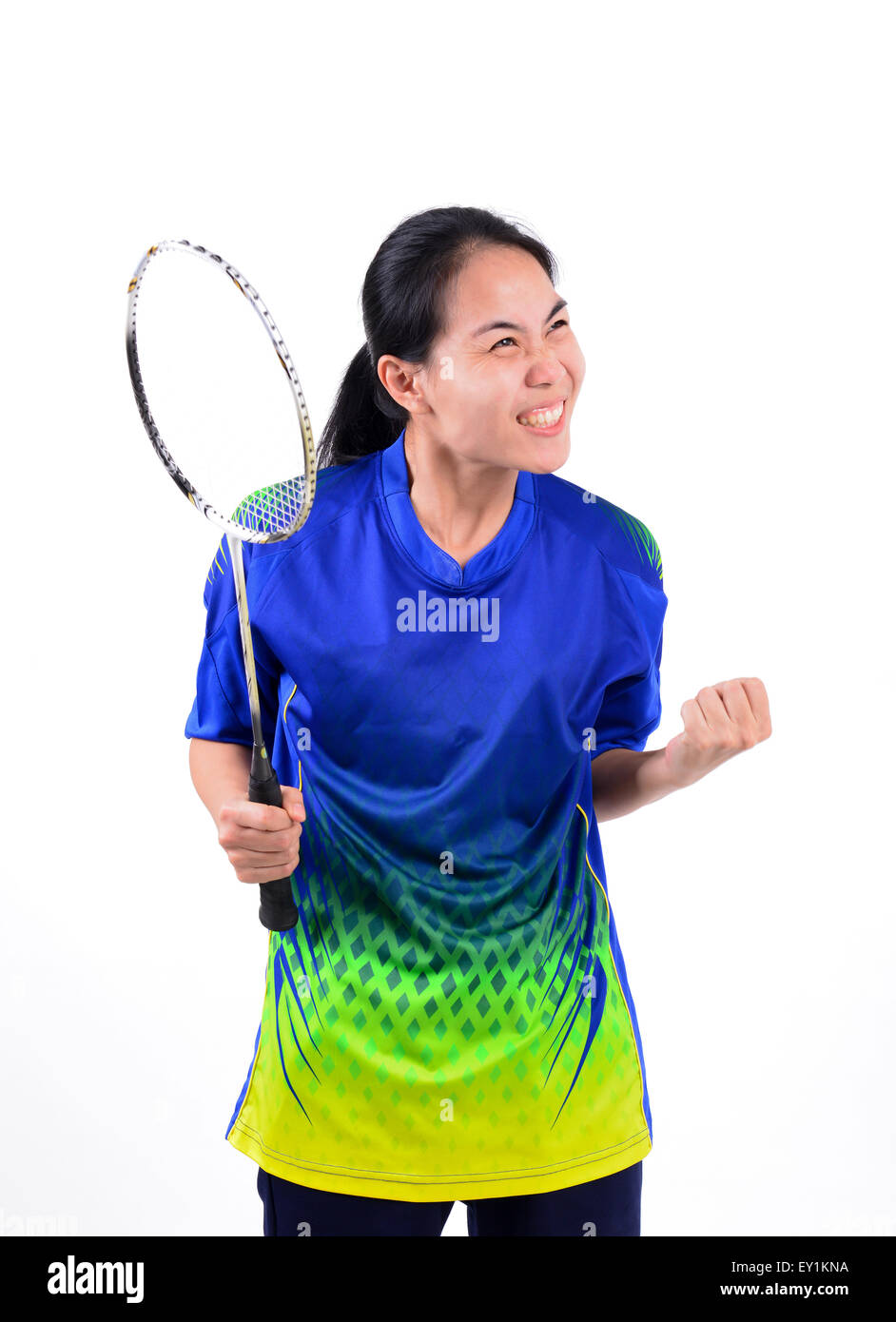 badminton player in action isolated on white background Stock Photo - Alamy