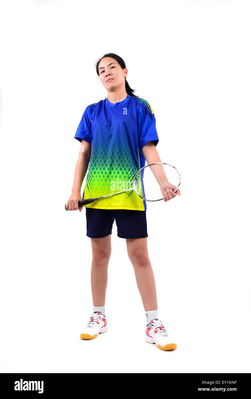 badminton player in action isolated on white background Stock Photo - Alamy