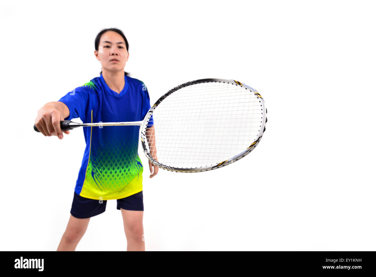 badminton player in action isolated on white background Stock Photo - Alamy