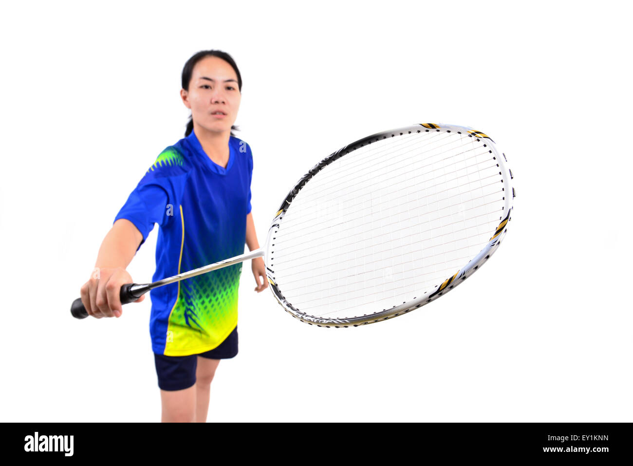 badminton player in action isolated on white background Stock Photo - Alamy
