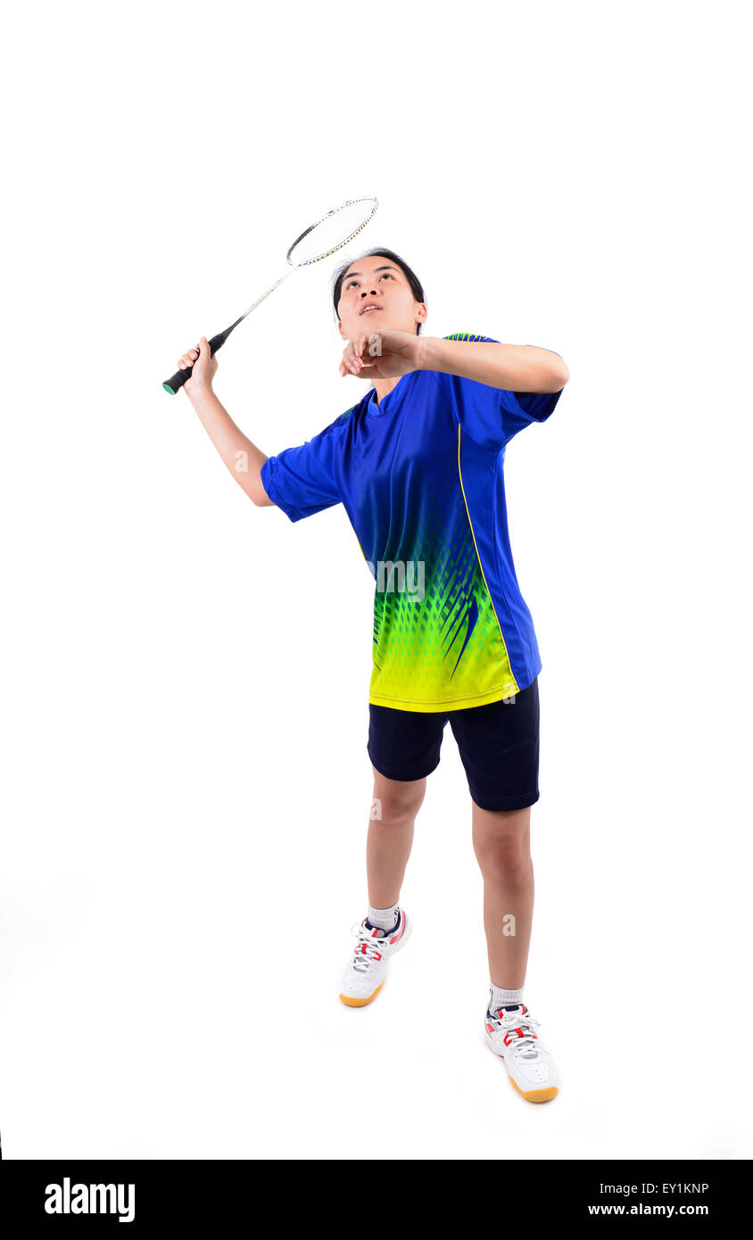 badminton player in action isolated on white background Stock Photo - Alamy