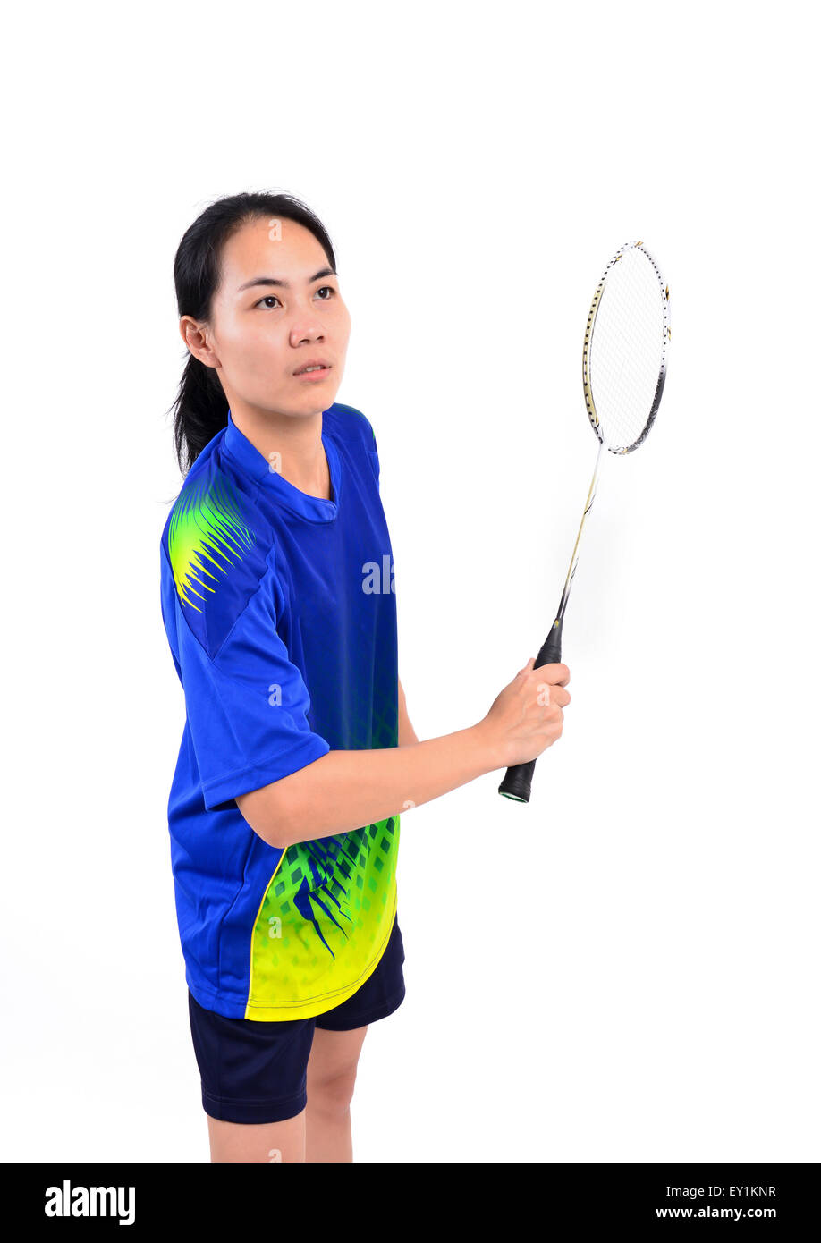 badminton player in action isolated on white background Stock Photo - Alamy