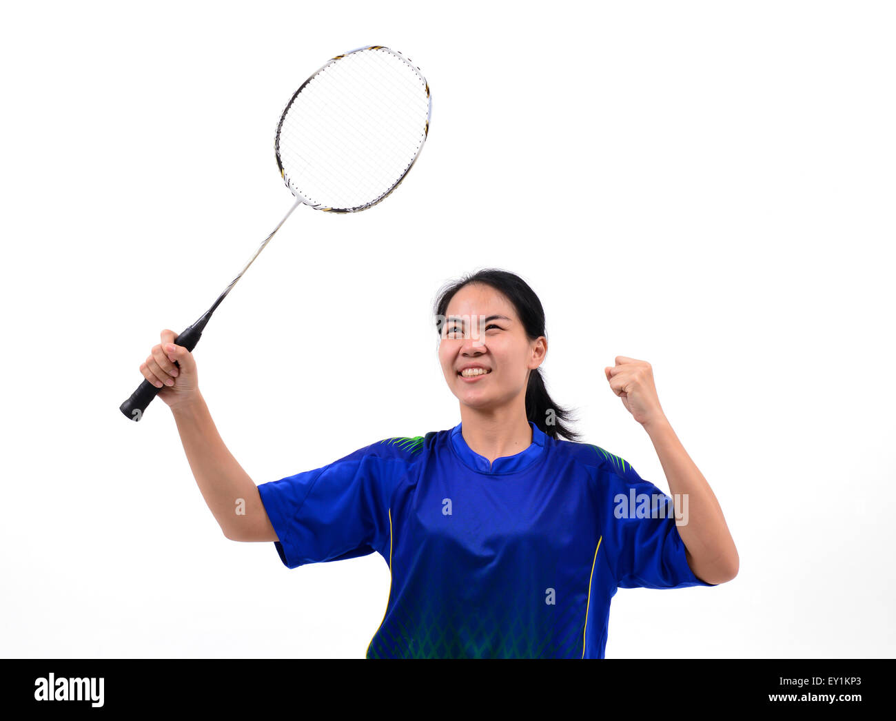 badminton player in action isolated on white background Stock Photo - Alamy