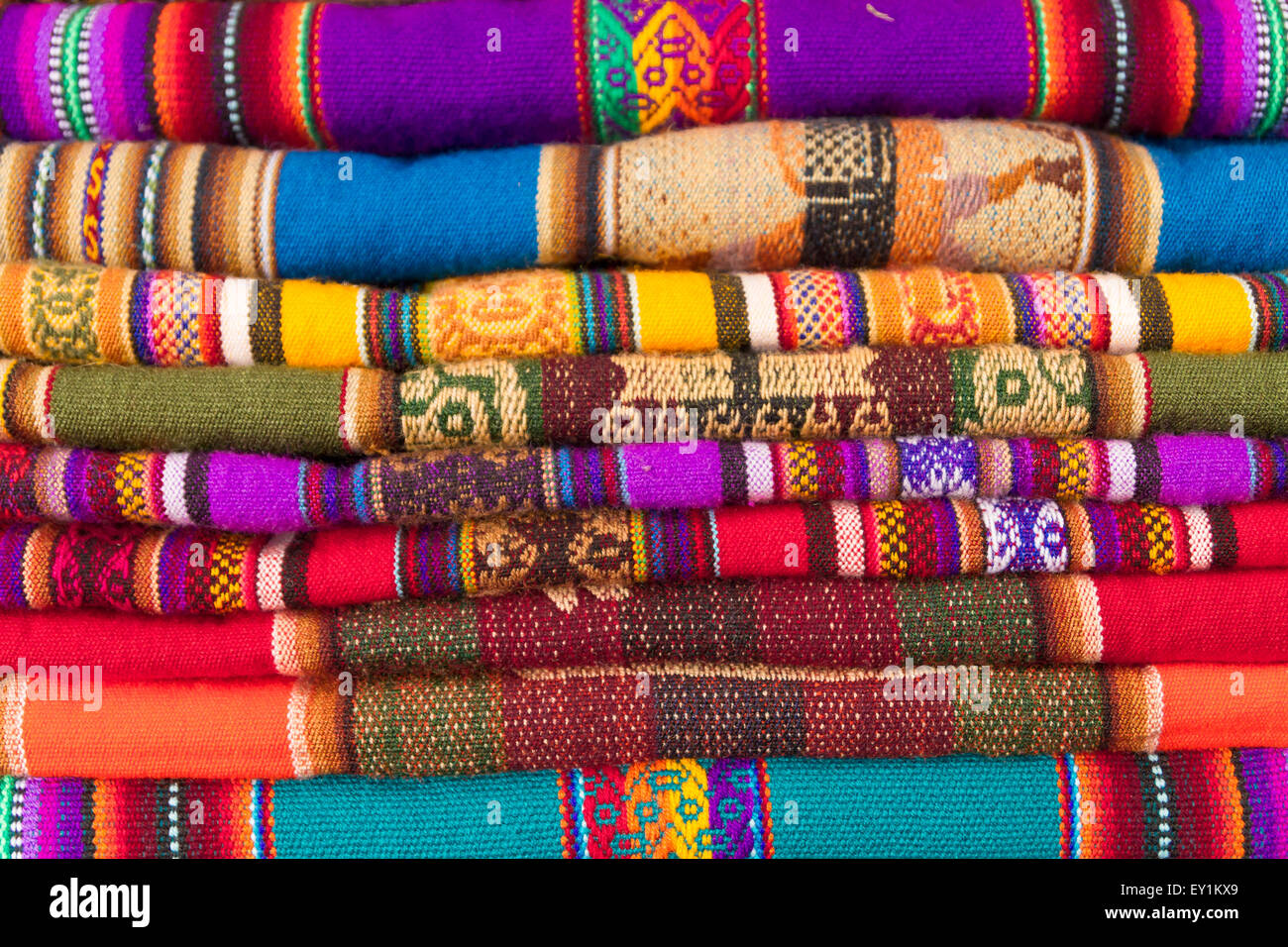 closeup image on classic colorful peruvian fabric background Stock ...