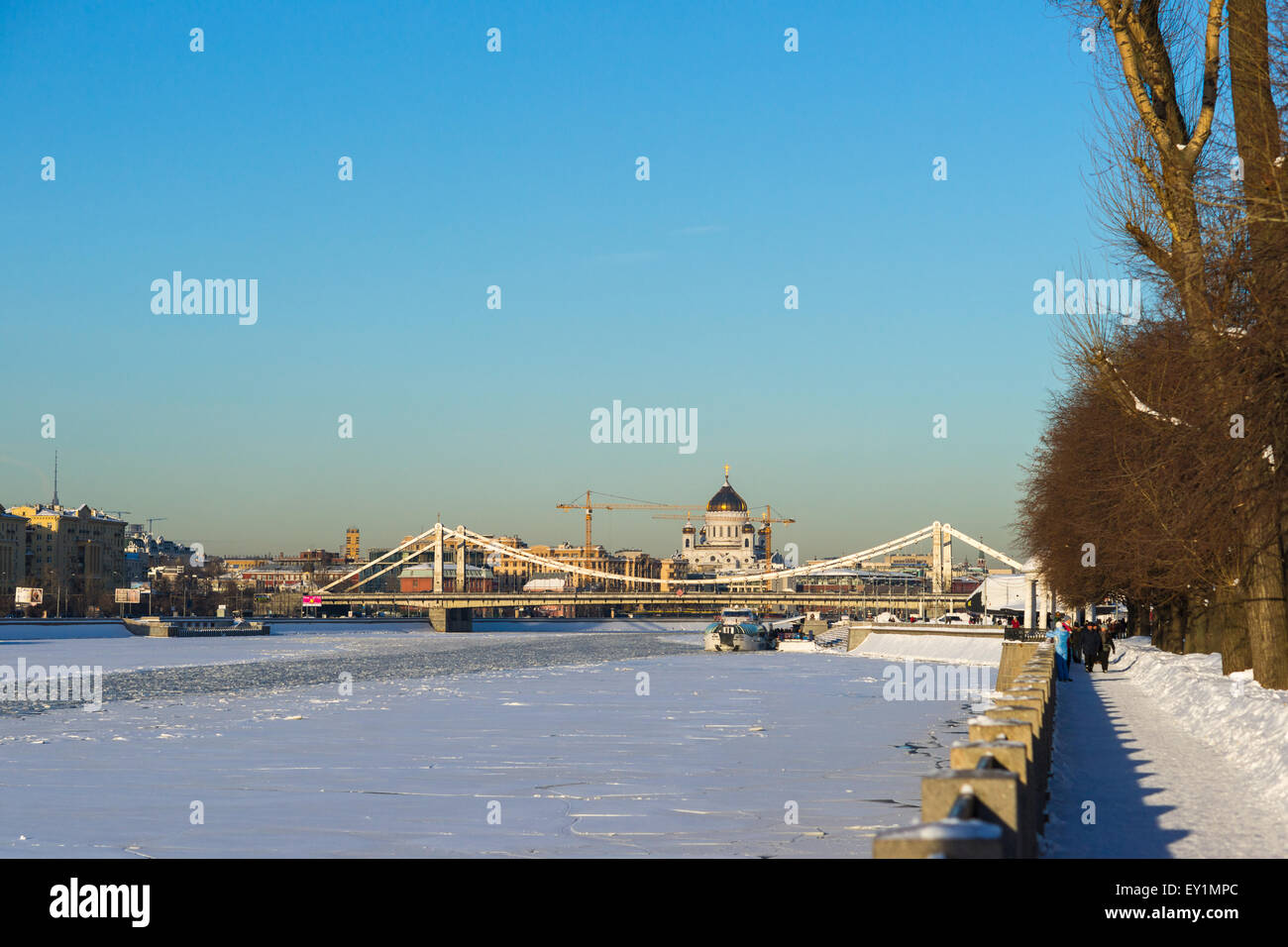 Crimean bridge and cathedral of Christ the Savior in winter. Pushkin ...