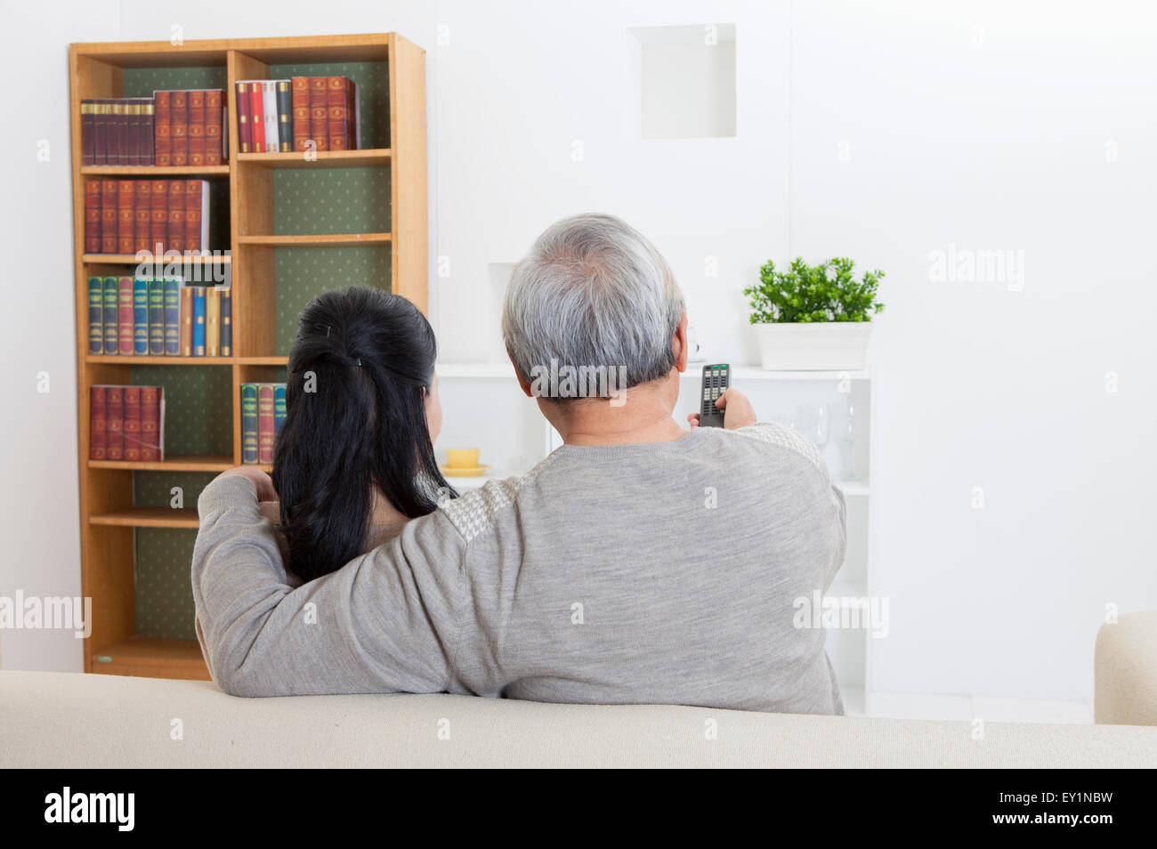 Rear view of senior couple holding remote control Stock Photo - Alamy