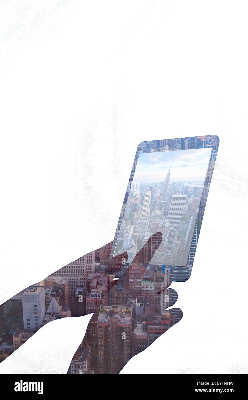 Composite image of hand touching tablet showing global tourism concept ...