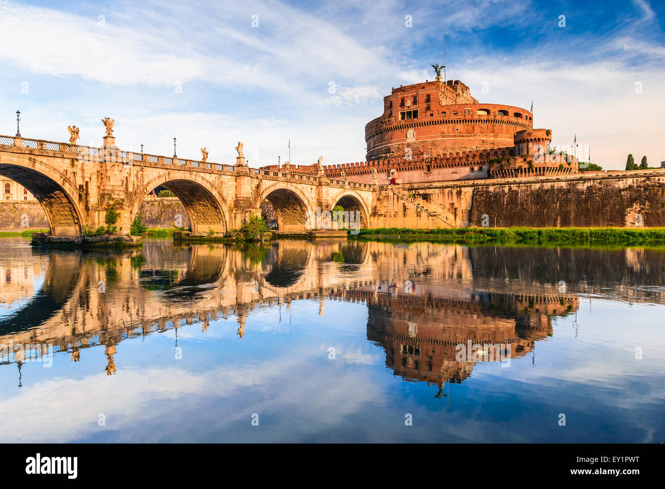 Rome, Italy. Bridge and Castel Sant Angelo and Tiber River. Built by ...