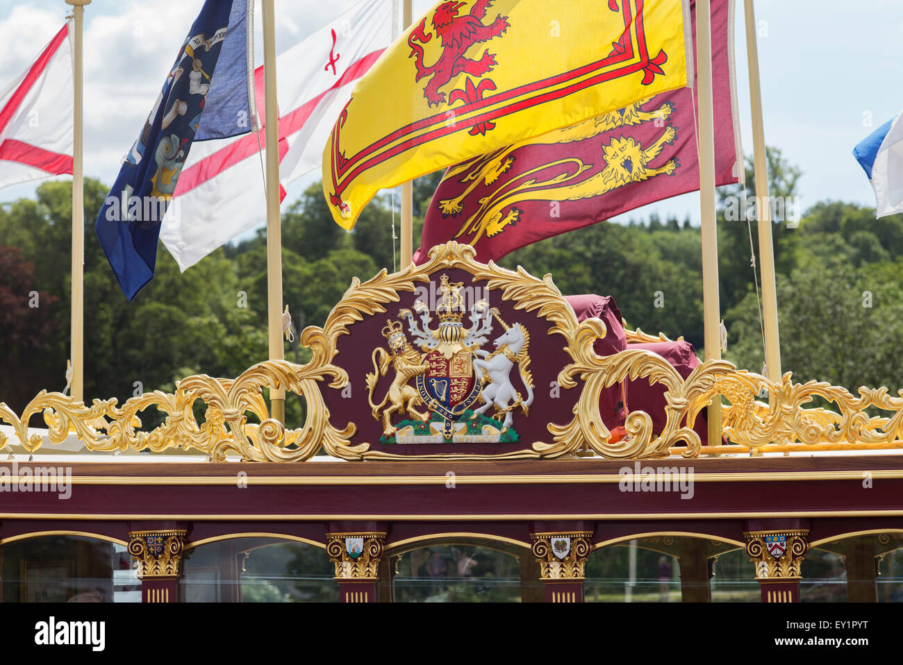 Royal crest on The Queen's Rowbarge Gloriana at the Thames Traditional ...