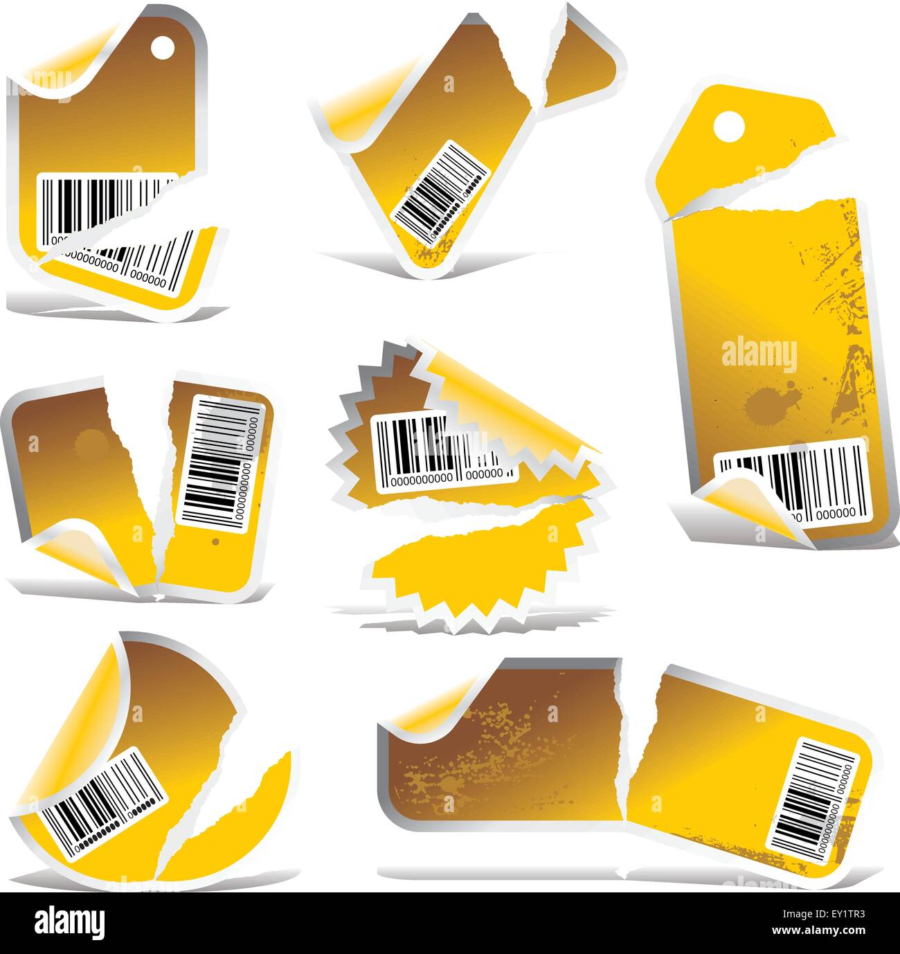 yellow ripped tag and sticker set with bar codes - vector illustration ...