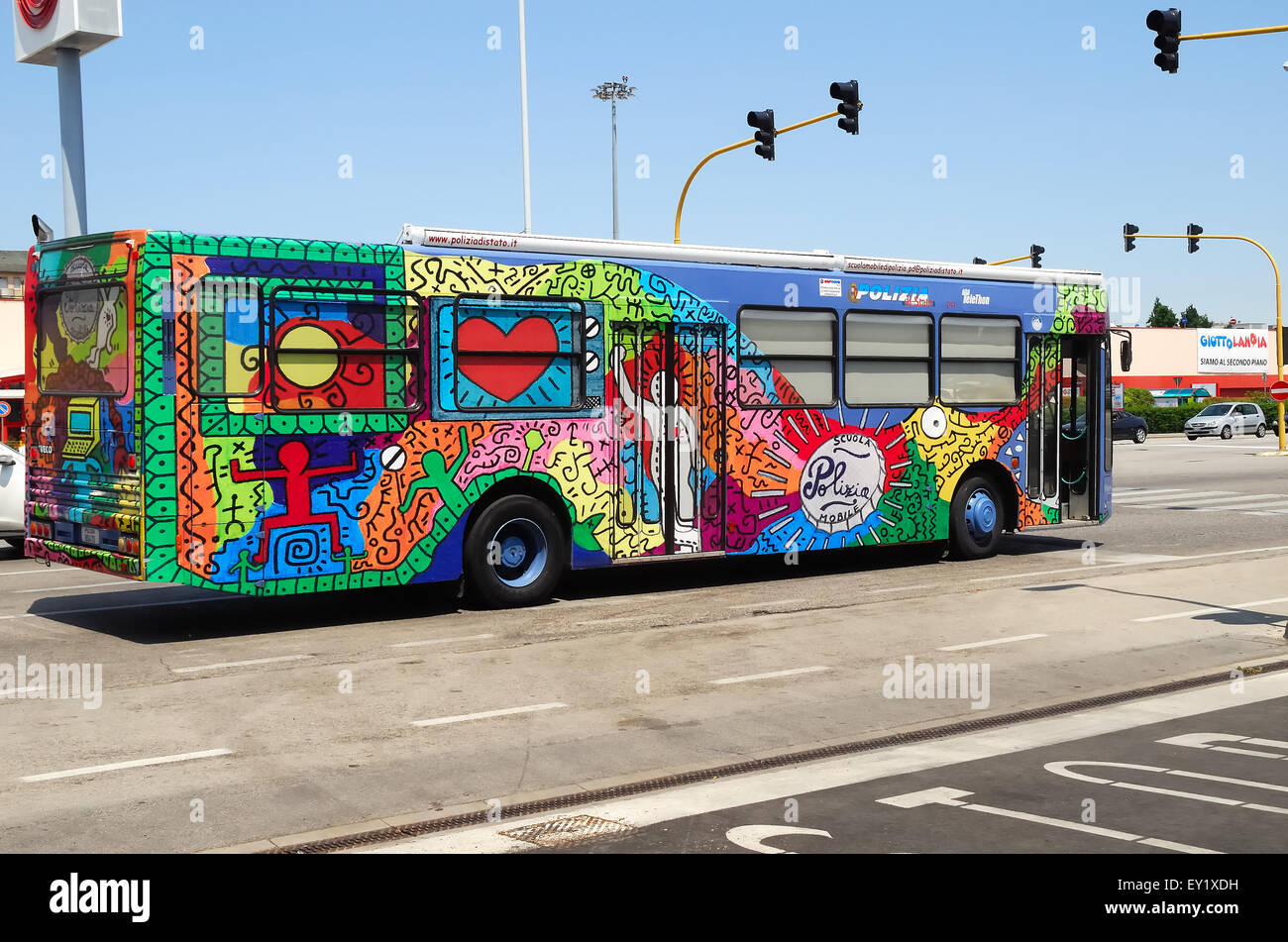 Padua, Veneto, Italy. A police school bus for the young road safety ...